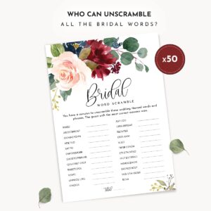 Printperie Burgundy Floral Bridal Shower Games - Set of 5 Activities for 50 Guests - for Marsala Bridal Decorations Theme