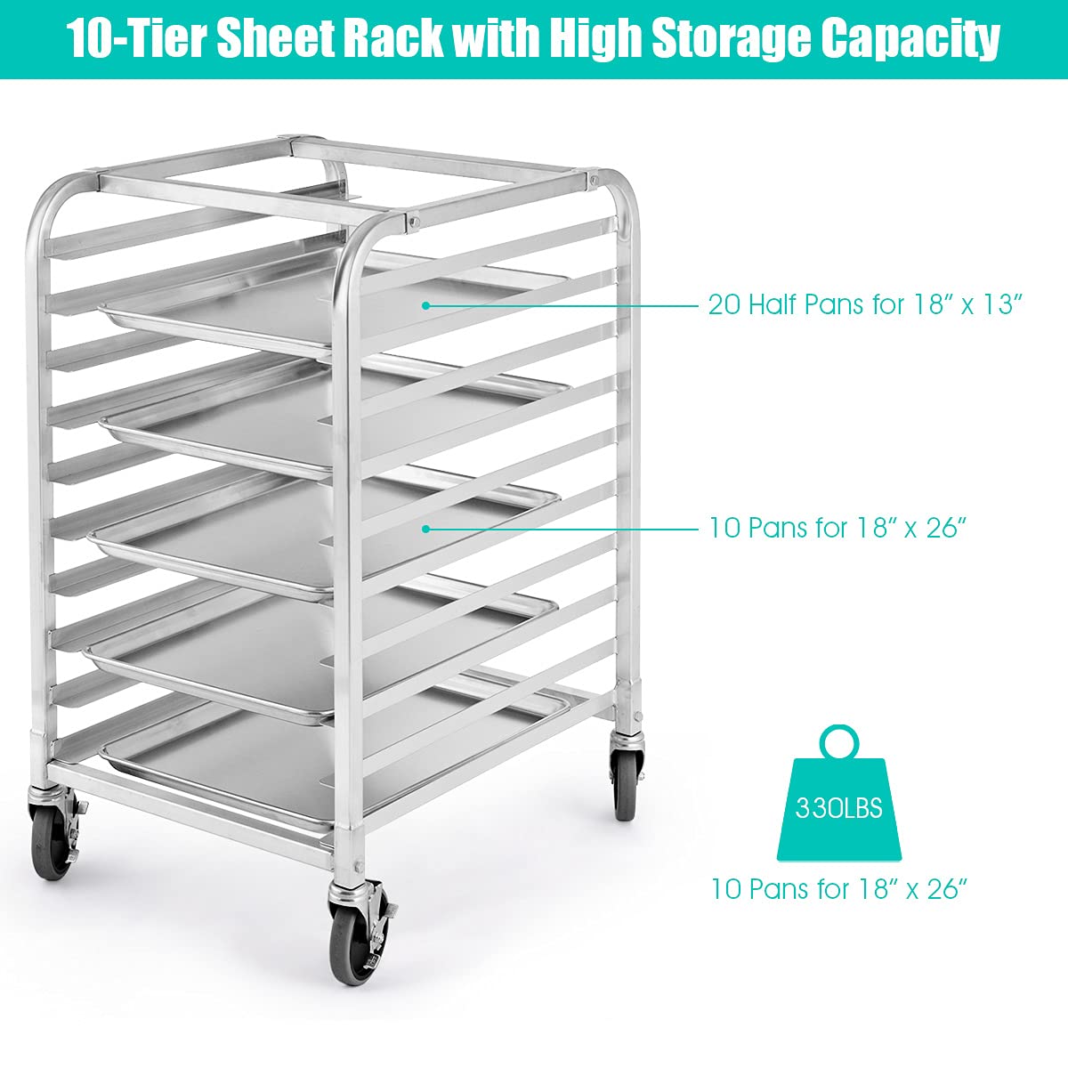 PETSITE 10 Tier Sheet Pan Rack, Commercial Aluminum Full & Half Bun Pan Bakery Rack with Brake Wheels for Restaurant Home Kitchen…