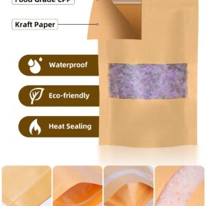 Larzack 50pcs Kraft Bags with Window 3.5x5.5 Inches Brown Reusable Sealable Zip Lock Food Storage Stand up Paper Pouches for Home or Business