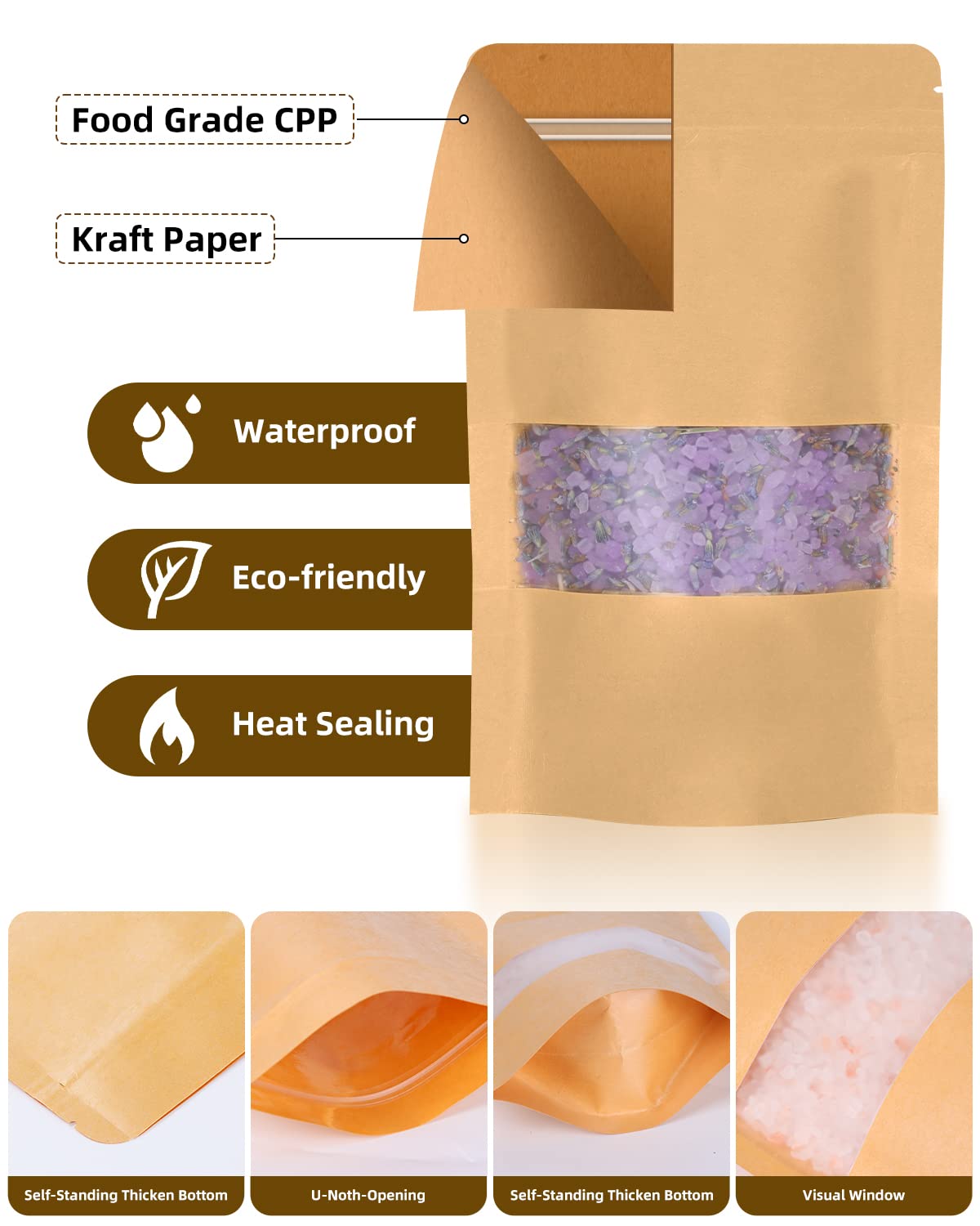 Larzack 50pcs Kraft Bags with Window 3.5x5.5 Inches Brown Reusable Sealable Zip Lock Food Storage Stand up Paper Pouches for Home or Business