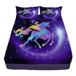 mkikejoy dreamy unicorn full size sheet sets for girls fitted sheet and pillowcase unicorn stars fitted sheet set kids teens 3 piece bedroom decorative