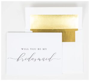 will you be my bridesmaid cards 4x5.5 folded white proposal card with black caligraphy with gold foil lined envelopes 6 bridesmaid cards 1 maid of honor card and 1 matron of honor card set elegant minimalist style