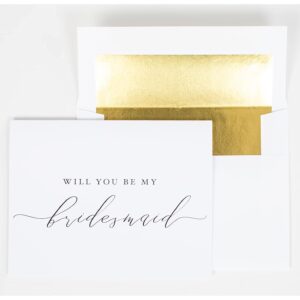 Will You Be My Bridesmaid Cards 4x5.5 Folded White Proposal Card with Black Caligraphy with Gold Foil Lined Envelopes 6 Bridesmaid Cards 1 Maid of Honor Card and 1 Matron of Honor Card Set Elegant Minimalist Style