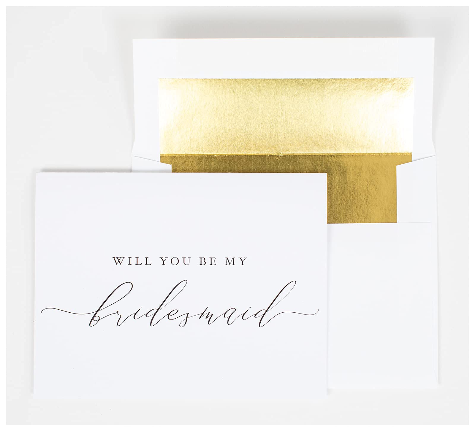 Will You Be My Bridesmaid Cards 4x5.5 Folded White Proposal Card with Black Caligraphy with Gold Foil Lined Envelopes 6 Bridesmaid Cards 1 Maid of Honor Card and 1 Matron of Honor Card Set Elegant Minimalist Style