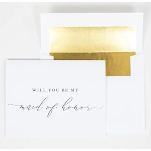 Will You Be My Bridesmaid Cards 4x5.5 Folded White Proposal Card with Black Caligraphy with Gold Foil Lined Envelopes 6 Bridesmaid Cards 1 Maid of Honor Card and 1 Matron of Honor Card Set Elegant Minimalist Style