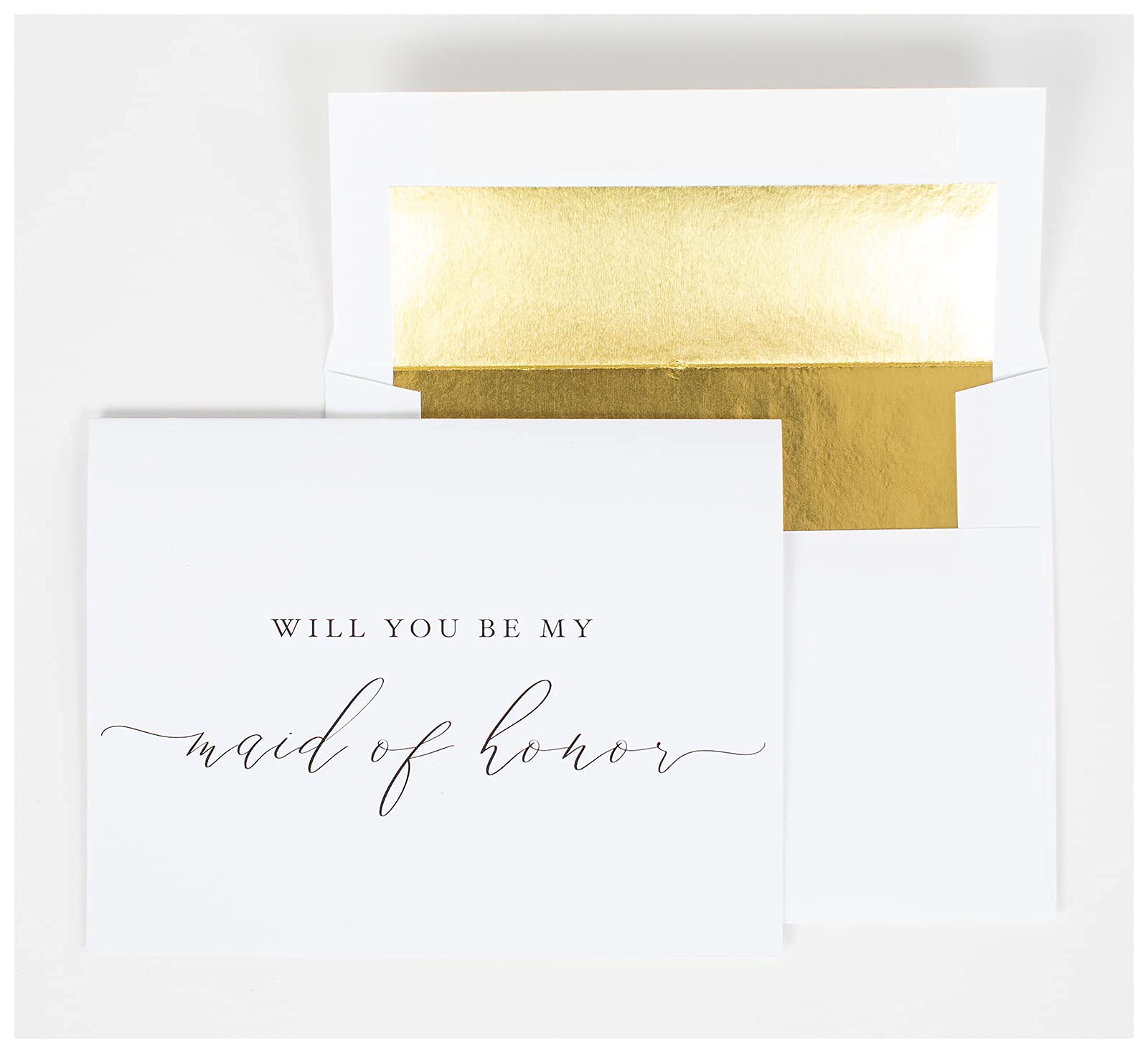 Will You Be My Bridesmaid Cards 4x5.5 Folded White Proposal Card with Black Caligraphy with Gold Foil Lined Envelopes 6 Bridesmaid Cards 1 Maid of Honor Card and 1 Matron of Honor Card Set Elegant Minimalist Style