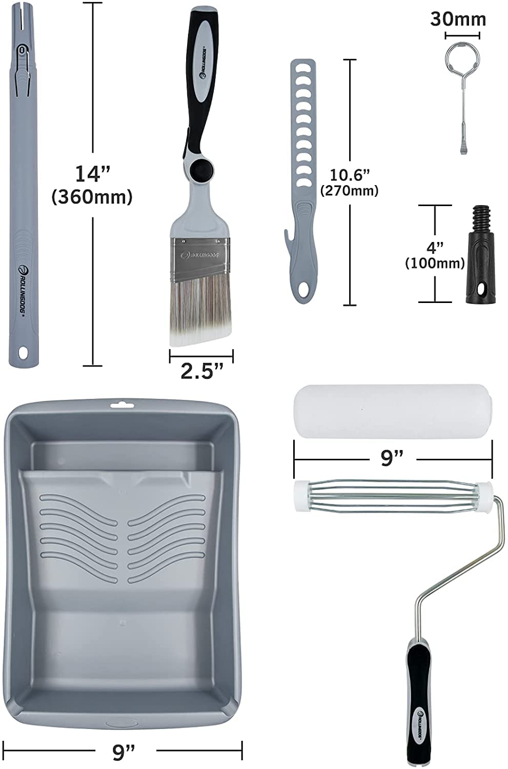 ROLLINGDOG Paint Roller Set - 9 Inch Paint Roller with Extension Pole,Wall Paint Kit Extendable Paint Brush with Tray Kit