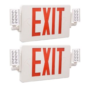 exitlux 2 packs ul listed- led red exit sign emergency light combo- two led adjustable head emergency exit lights with battery backup- abs fire resistance 120-277v-double face-exit sign for business