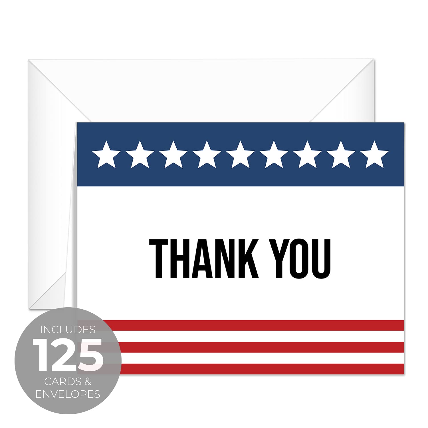 Patriotic Thank You Greeting Cards / 125 American Thanks Note Cards With White Envelopes/Bulk USA Military Thank You Cards/Made In The USA