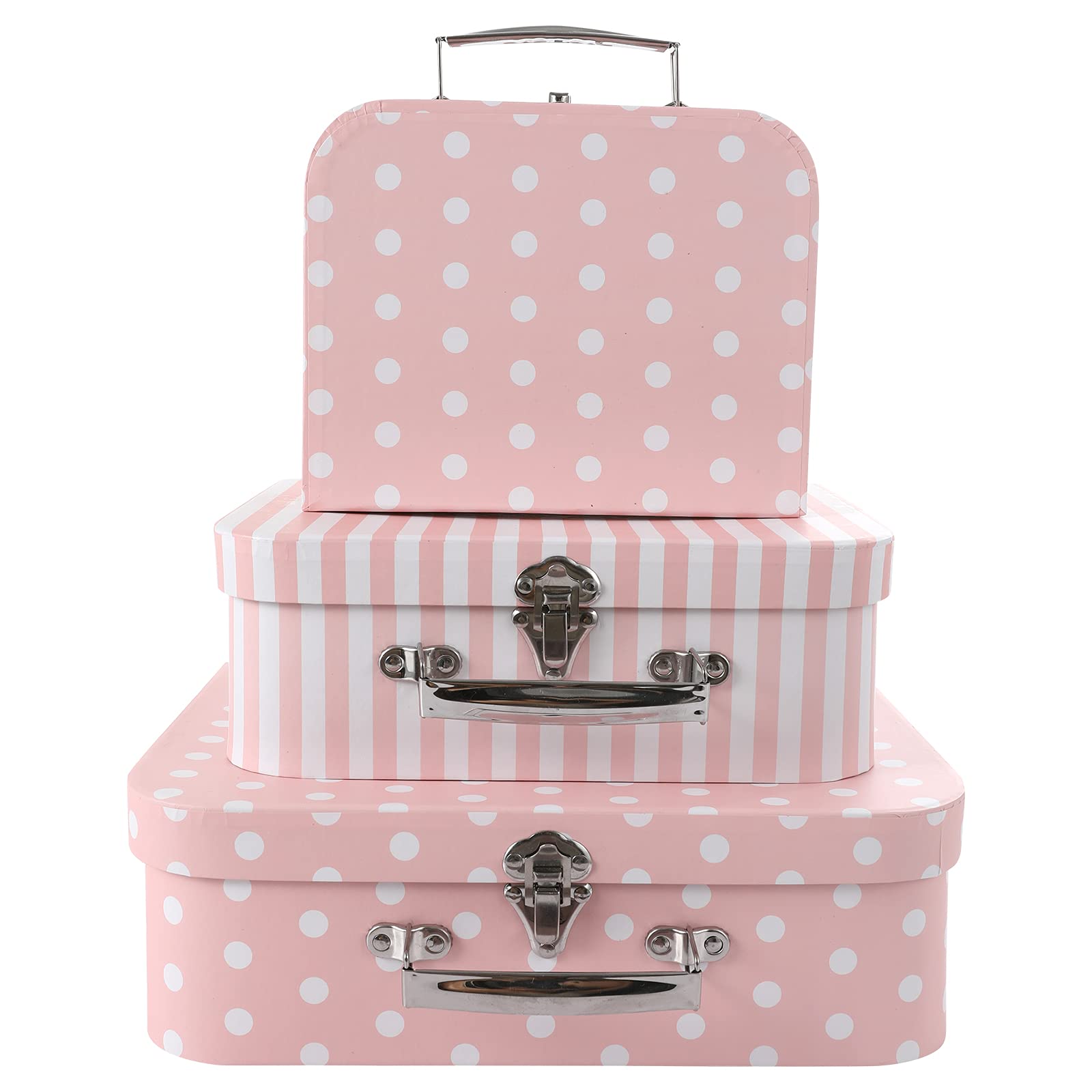 Anndason Set of 3 Paperboard Suitcases Storage Box Storage for Photo Storage Home Decoration, Wedding, Birthday, Anniversary and New Year Gift Decoration (3Pcs, Pink Dots and Stripes)