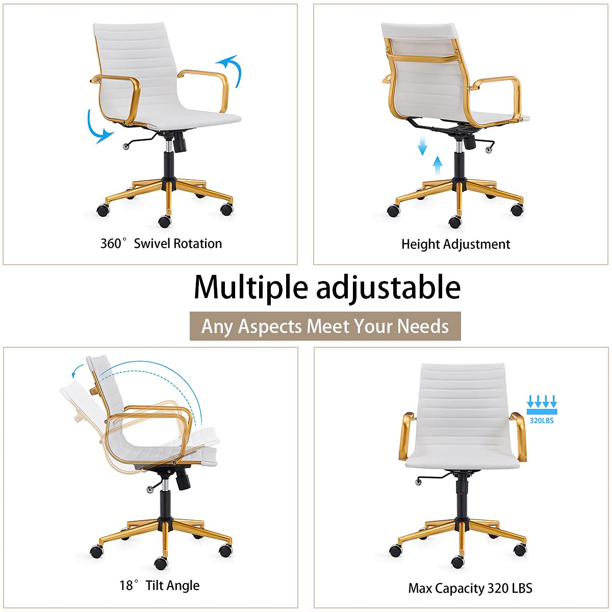 COROCC Office Desk Chair Modern Conference Room Task Chairs Leather Computer Swivel Excutive Ribbed Ergonomic Rolling Chair for Bed Room White and Gold Chair