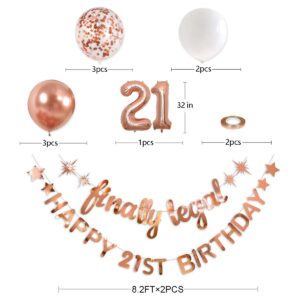 Rose Gold Finally Legal Happy 21st Birthday Banner Garland Foil Balloon 21 for 21 Birthday Decorations Hanging Twenty One Birthday Decor for Girls 21st Birthday Decorations Party Supplies for Her