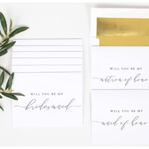 Will You Be My Bridesmaid Cards 4x5.5 Folded White Proposal Card with Black Caligraphy with Gold Foil Lined Envelopes 6 Bridesmaid Cards 1 Maid of Honor Card and 1 Matron of Honor Card Set Elegant Minimalist Style