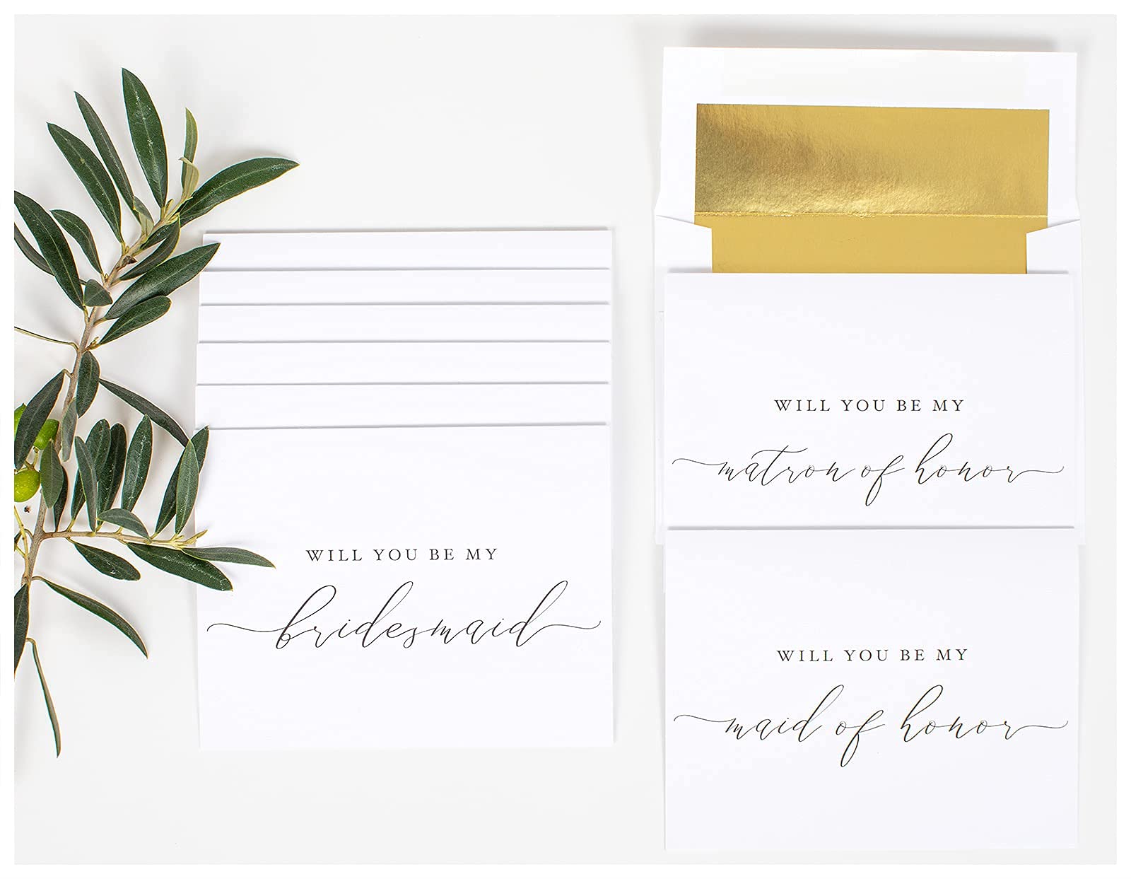 Will You Be My Bridesmaid Cards 4x5.5 Folded White Proposal Card with Black Caligraphy with Gold Foil Lined Envelopes 6 Bridesmaid Cards 1 Maid of Honor Card and 1 Matron of Honor Card Set Elegant Minimalist Style