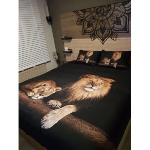 Holiyjog Lion Duvet/Quilt Cover Sets Black Linens Bed Pillow Shams King Queen Twin Full Size Boys Kids Animal Bed Set Home Textile (Queen, 004)