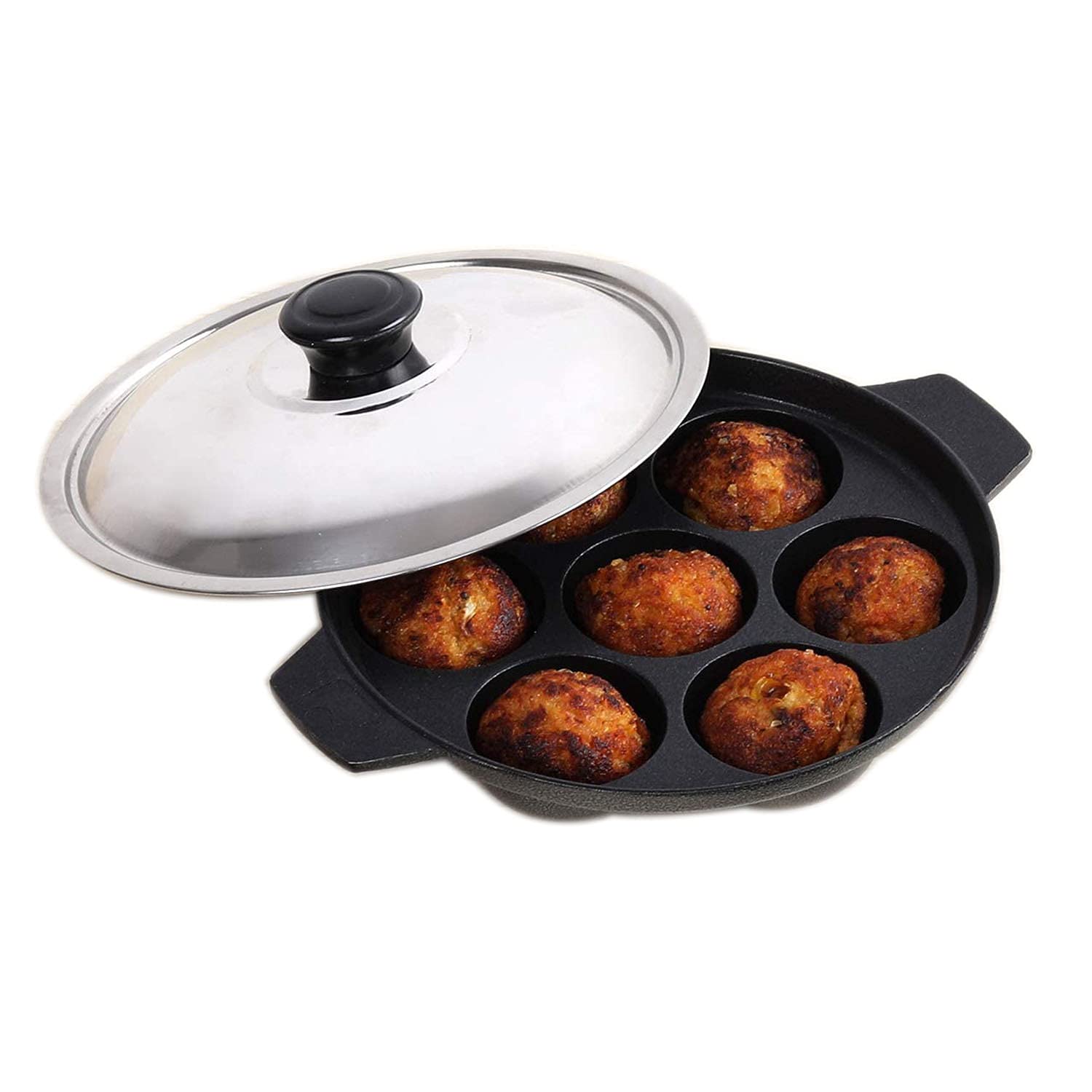 SHRIYA Appam Patra Paniyaram Non-Stick Pan 7 Cavities Non-Stick Appam Patra Appam Chetty Paniyaram Pan Patra with Stainless Steel Lid