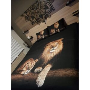 Holiyjog Lion Duvet/Quilt Cover Sets Black Linens Bed Pillow Shams King Queen Twin Full Size Boys Kids Animal Bed Set Home Textile (Queen, 004)