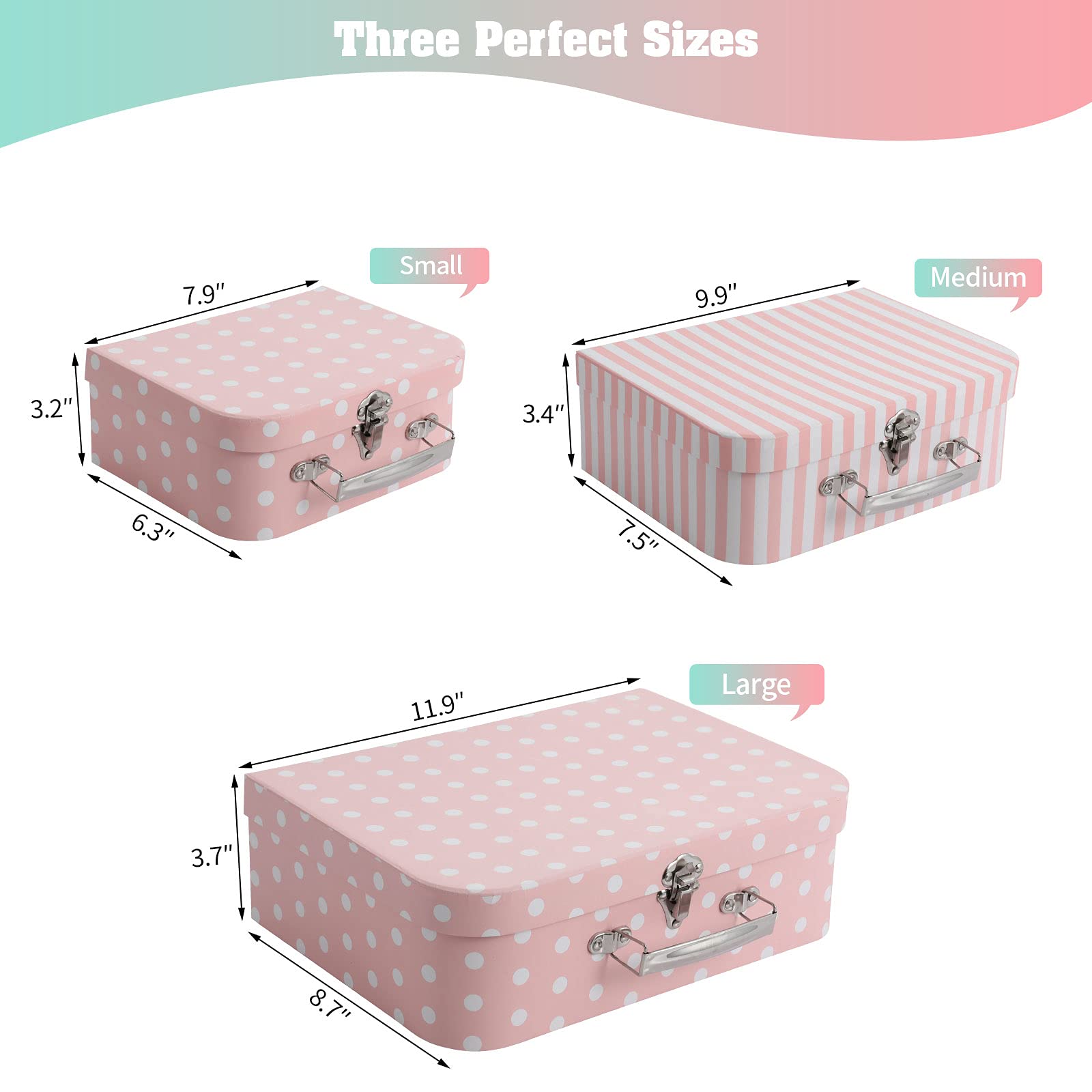 Anndason Set of 3 Paperboard Suitcases Storage Box Storage for Photo Storage Home Decoration, Wedding, Birthday, Anniversary and New Year Gift Decoration (3Pcs, Pink Dots and Stripes)