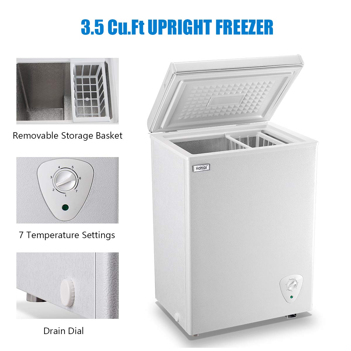 Chest Freezer Small Deep Freezer 3.5 Cu.Ft Mini Freezer White Free-Standing Top Door Freezer Adjustable 7 Thermostat and Removable Basket Open Deep Freezer Energy Saving Apartment Kitchen Business