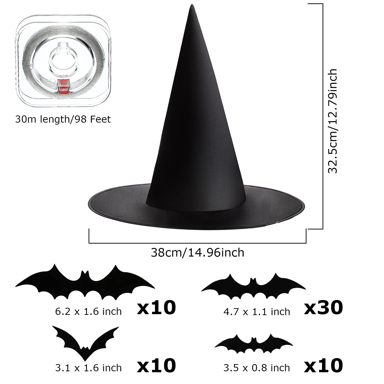 Sumind 20 Pieces Halloween Decorations Witch Hats Black Hanging Floating Witch Hat Bulk for Women 60 Pieces 3D Bat Stickers Wall Decal with 98 Feet Hanging Rope for Halloween Party Favor Decoration