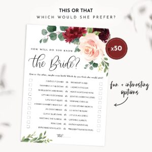 Printperie Burgundy Floral Bridal Shower Games - Set of 5 Activities for 50 Guests - for Marsala Bridal Decorations Theme