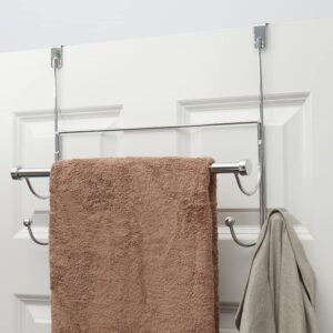 Home Basics Over The Door Towel Bar with Hooks | Made from Steel | Long Center Bar | Fits Most Standard Doors | (Chrome)