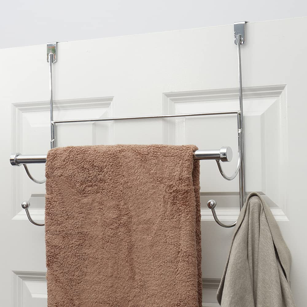 Home Basics Over The Door Towel Bar with Hooks | Made from Steel | Long Center Bar | Fits Most Standard Doors | (Chrome)