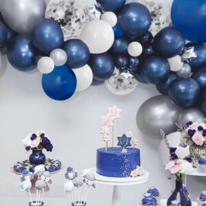 124pcs Blue Silver White Balloons Garland Arch Kit 5/10/12/18 Inch Royal Navy Blue White Metallic Silver Confetti Set for Birthday Wedding Graduation Party Father's Day Decor