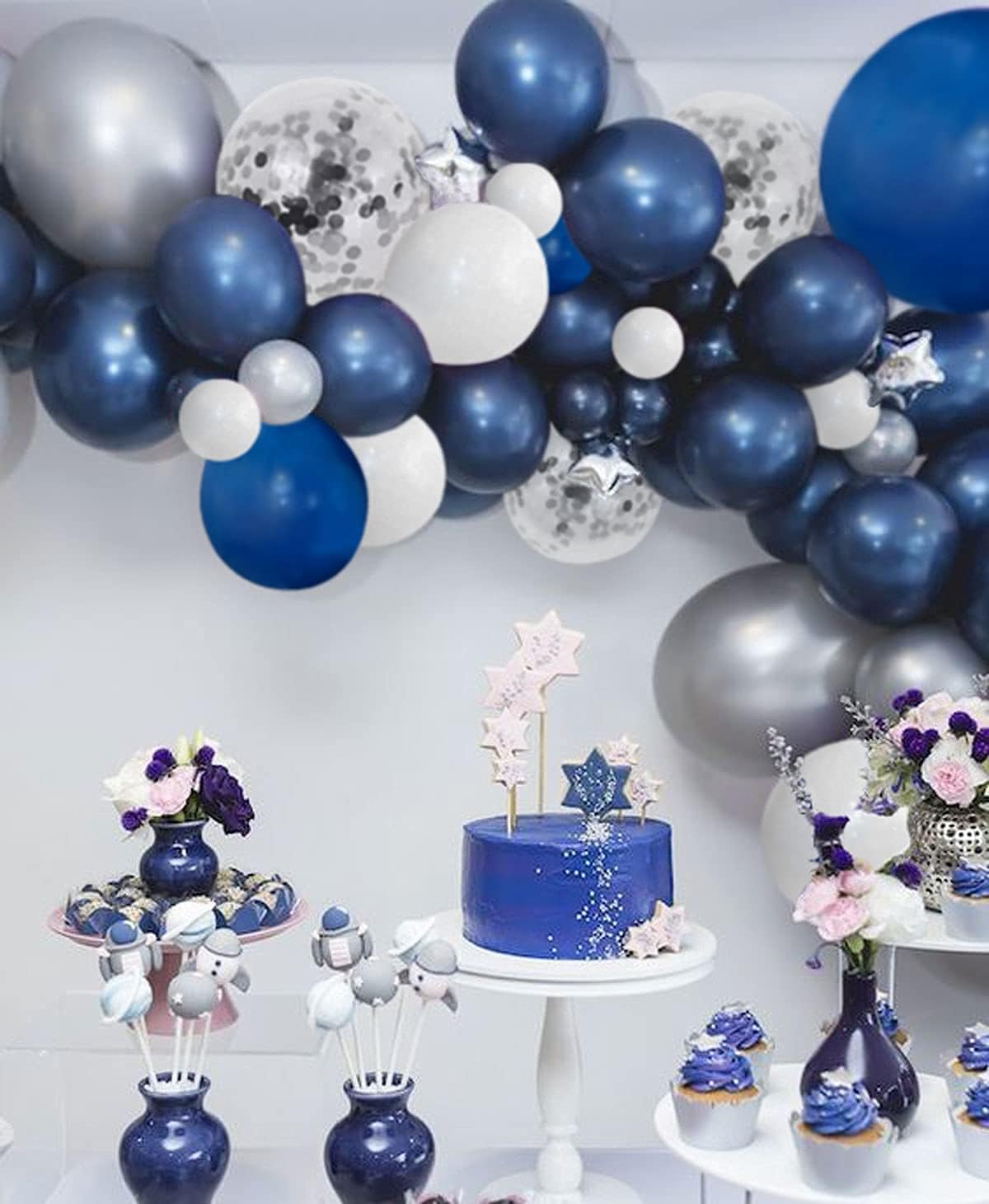 124pcs Blue Silver White Balloons Garland Arch Kit 5/10/12/18 Inch Royal Navy Blue White Metallic Silver Confetti Set for Birthday Wedding Graduation Party Father's Day Decor