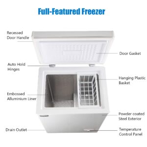 Chest Freezer Small Deep Freezer 3.5 Cu.Ft Mini Freezer White Free-Standing Top Door Freezer Adjustable 7 Thermostat and Removable Basket Open Deep Freezer Energy Saving Apartment Kitchen Business