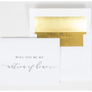 Will You Be My Bridesmaid Cards 4x5.5 Folded White Proposal Card with Black Caligraphy with Gold Foil Lined Envelopes 6 Bridesmaid Cards 1 Maid of Honor Card and 1 Matron of Honor Card Set Elegant Minimalist Style