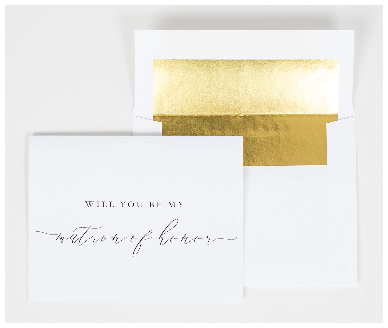 Will You Be My Bridesmaid Cards 4x5.5 Folded White Proposal Card with Black Caligraphy with Gold Foil Lined Envelopes 6 Bridesmaid Cards 1 Maid of Honor Card and 1 Matron of Honor Card Set Elegant Minimalist Style