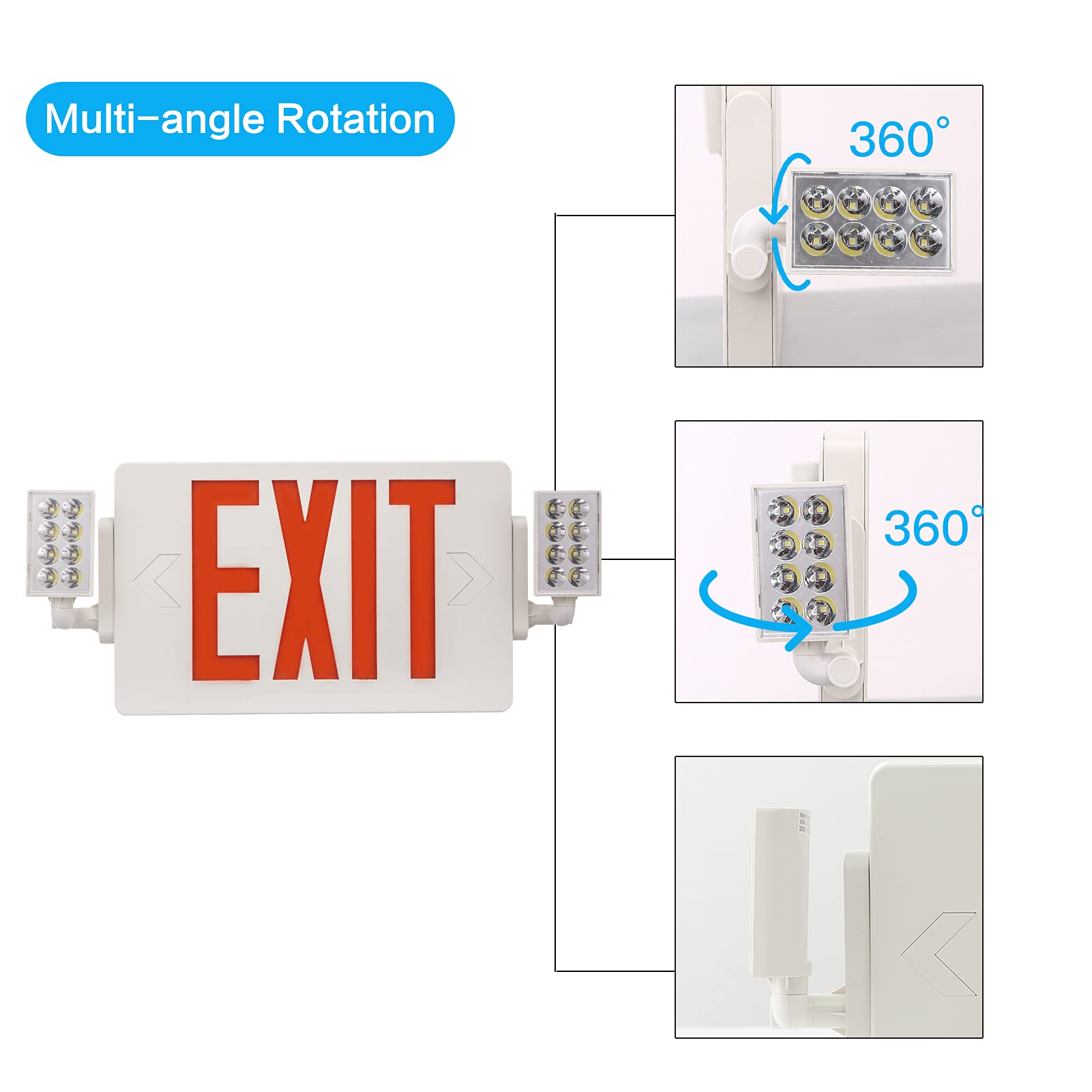 EXITLUX 2 Packs UL Listed- Led Red Exit Sign Emergency Light Combo- Two LED Adjustable Head Emergency Exit Lights with Battery Backup- ABS Fire Resistance 120-277V-Double Face-Exit Sign for Business