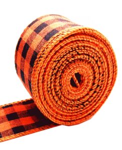 pumpkin orange and black gingham buffalo plaid ribbon，thanksgiving fall wired edge ribbon halloween christmas wrapping ribbon wired craft for holiday wrapping, bow crafts decoration