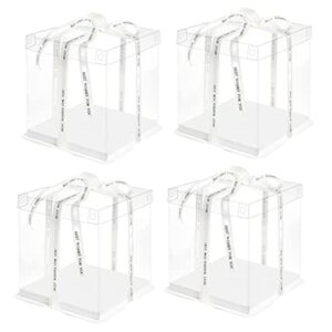 clear cake box,4 pcs transparent cake box with ribbon for pastries10" x 10" x 9"-clear tall cake box- clear gift boxes with lid for wedding party and gift display (white-4 set)