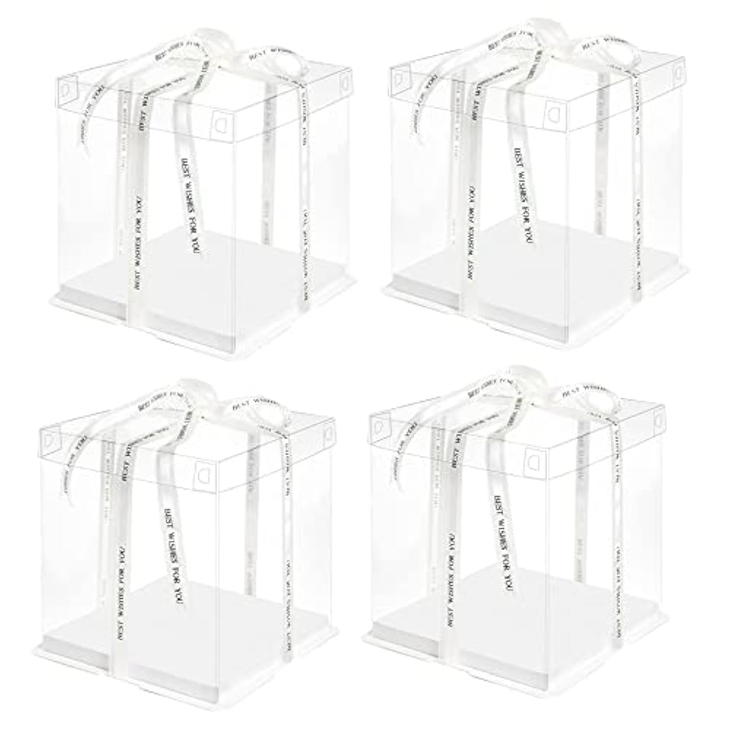 Clear Cake Box,4 Pcs Transparent Cake Box with Ribbon for Pastries10" X 10" X 9"-Clear Tall Cake Box- Clear Gift Boxes with Lid for Wedding Party and Gift Display (White-4 Set)