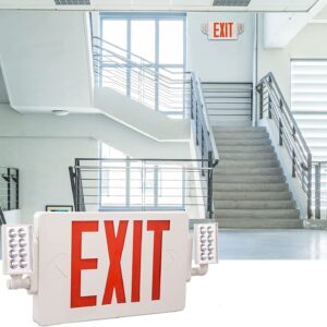 EXITLUX 2 Packs UL Listed- Led Red Exit Sign Emergency Light Combo- Two LED Adjustable Head Emergency Exit Lights with Battery Backup- ABS Fire Resistance 120-277V-Double Face-Exit Sign for Business