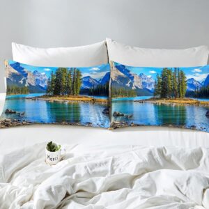 Erosebridal Landscape Comforter Cover, Kids Snow Mountain Duvet Cover, Green Trees Bedding Set King Size for Kids Boys Girls Teens, Teal Blue Lake Nature Theme Quilt Cover Living Room Decor