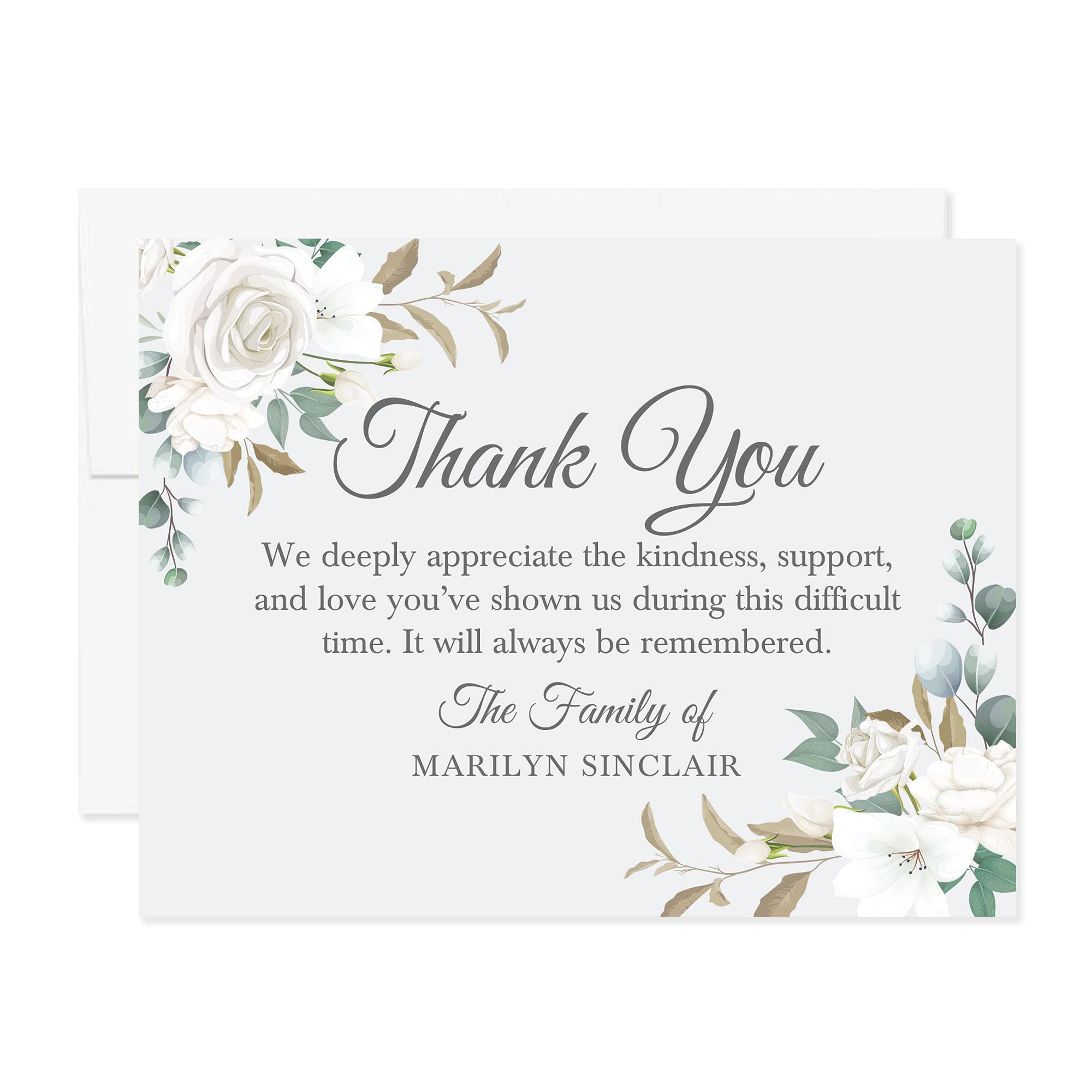 Hello Love Goods White Floral Sympathy Thank You Cards, Funeral Thank You Cards, Personalized Bereavement Notes with Envelopes, 5.5x4.25 Flat Notecards