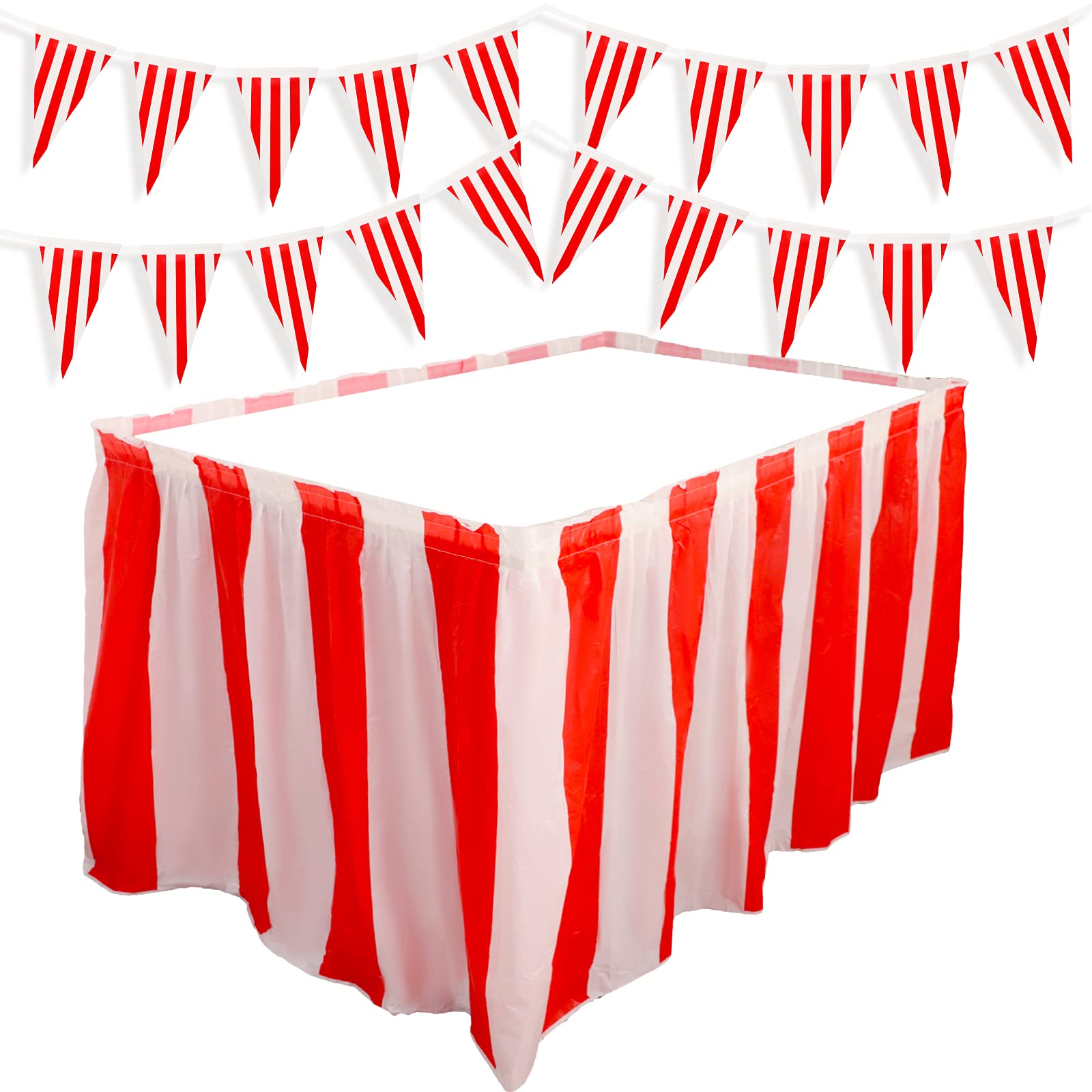 Tatuo Halloween Table Skirt Circus Pennant Bunting Flags Banner Wedding Carnival Circus Decoration Red White Striped Table Cloths for Christmas Birthday Theme Party Festival Celebration Supplies