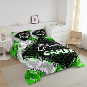 Feelyou Kids Gamer Comforter Set for Boys Teens, Green Gaming Bedding Sets Twin Size Video Game Controller Reversible Quilt Set All Season Home Decor with 1 Pillowcase