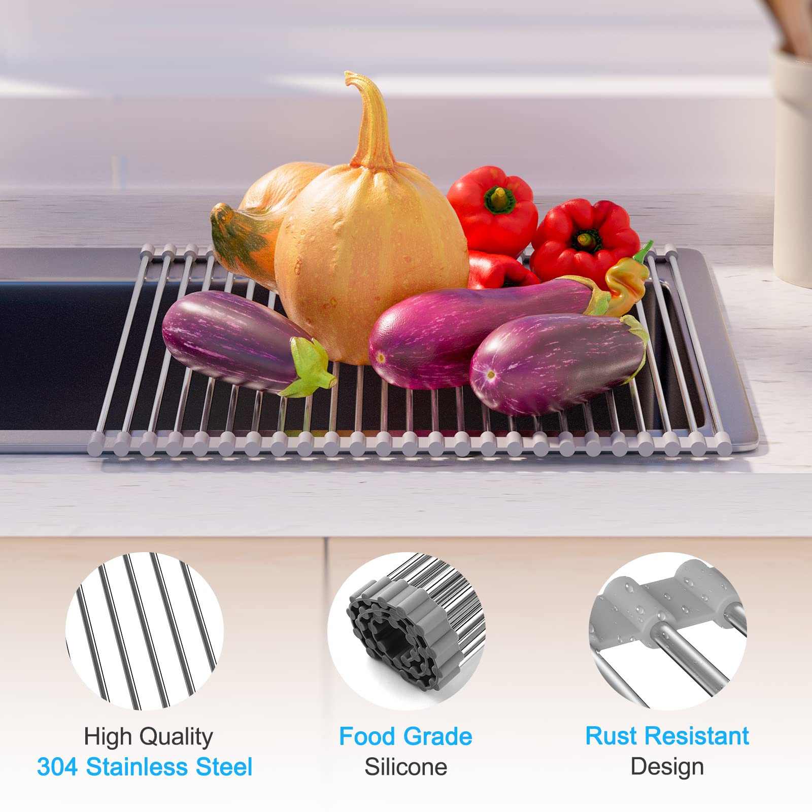 EMBATHER Roll Up Dish Drying Rack Over The Sink, Dish Drying Rack for Kitchen Counter, Multipurpose Stainless Steel Foldable Kitchen Drainer Rack with Silicone Mat, Anti-Slip, (Grey, 17.8"x11.8")