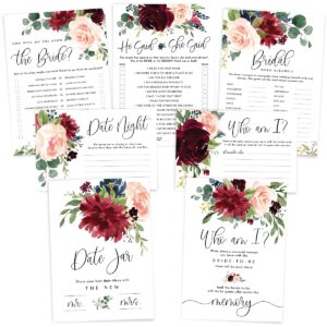 printperie burgundy floral bridal shower games - set of 5 activities for 50 guests - for marsala bridal decorations theme