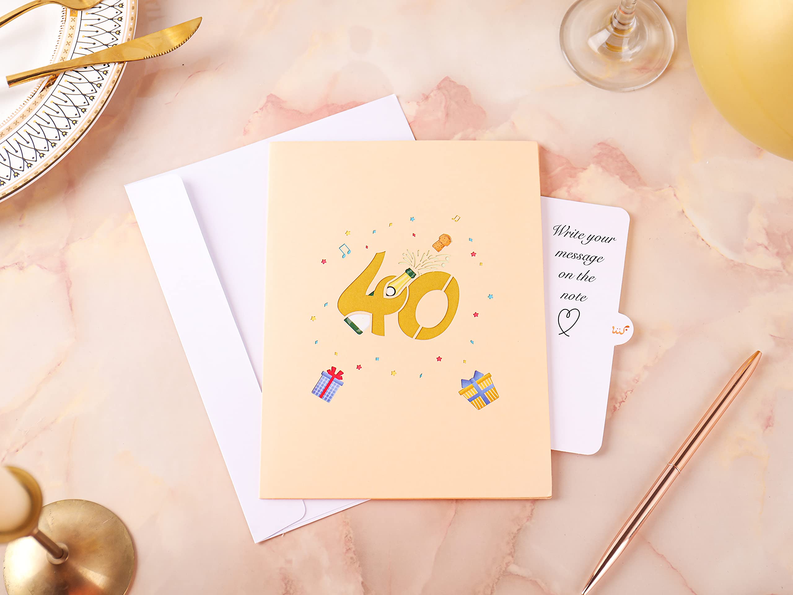 Liif Happy 40th Birthday 3D Greeting Pop Up Card, 40th Birthday Card For Women, Men, Husband, Wife, Son - Funny, Congratulations, Celebration, Balloons, Champagne | With Message Note & Envelop