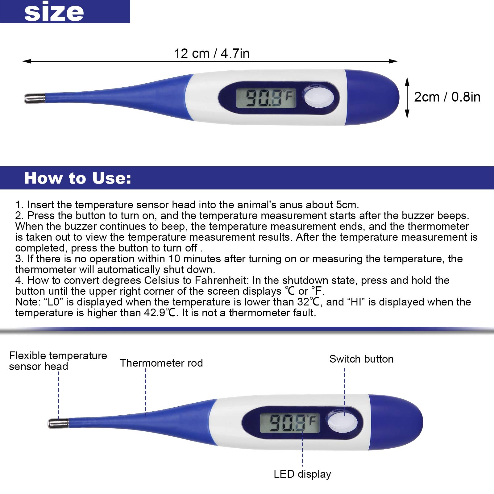 Livestock Pet Thermometer with LED Display Memory Function,Fast Digital Veterinary Thermometer,Flexible Probe for Temperature Measurement for Dogs Cats Horse Cattle (with Battery)