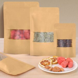 Larzack 50pcs Kraft Bags with Window 3.5x5.5 Inches Brown Reusable Sealable Zip Lock Food Storage Stand up Paper Pouches for Home or Business