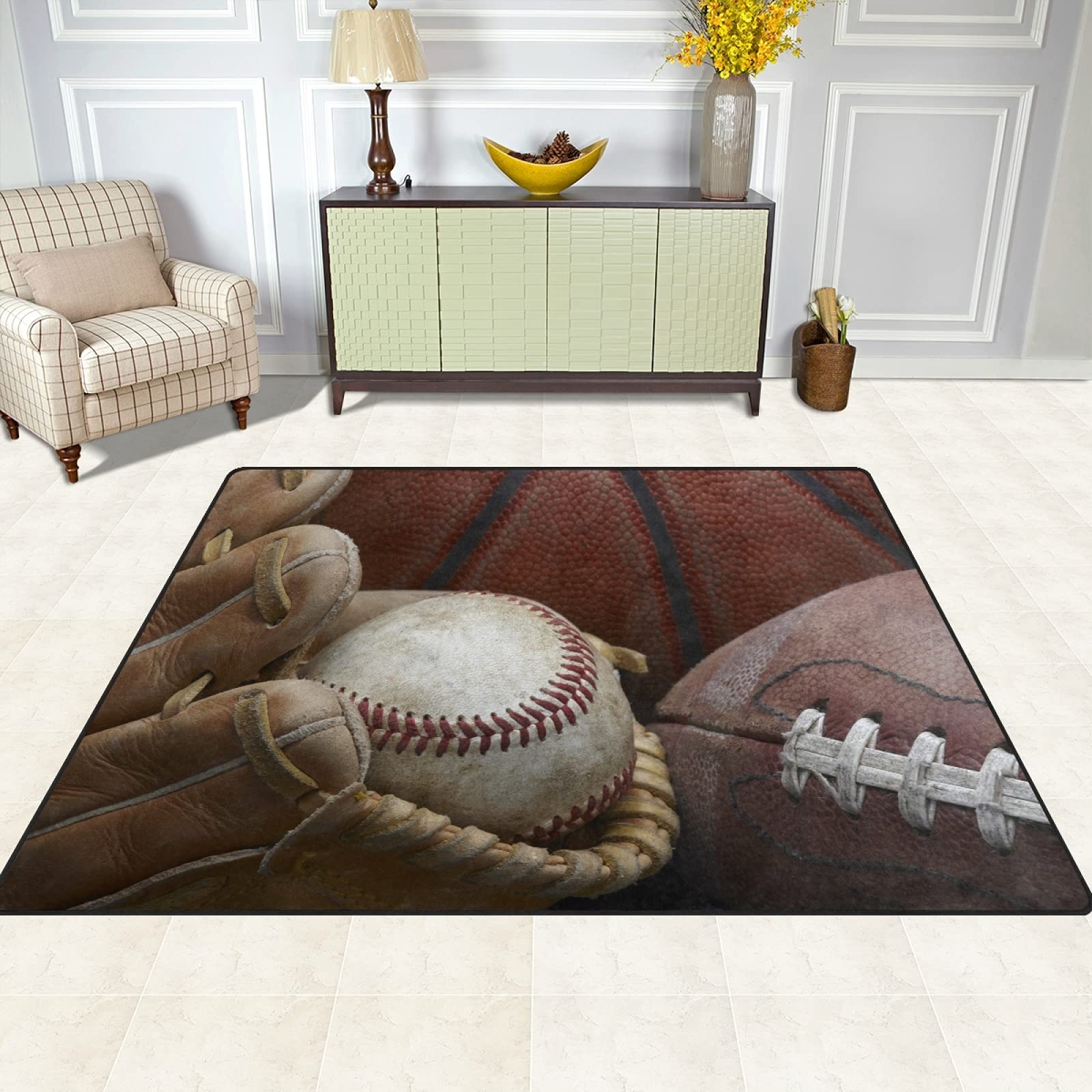 ALAZA Baseball Football Basketball Non Slip Area Rug 5' x 7' for Living Dinning Room Bedroom Kitchen Hallway Office Modern Home Decorative