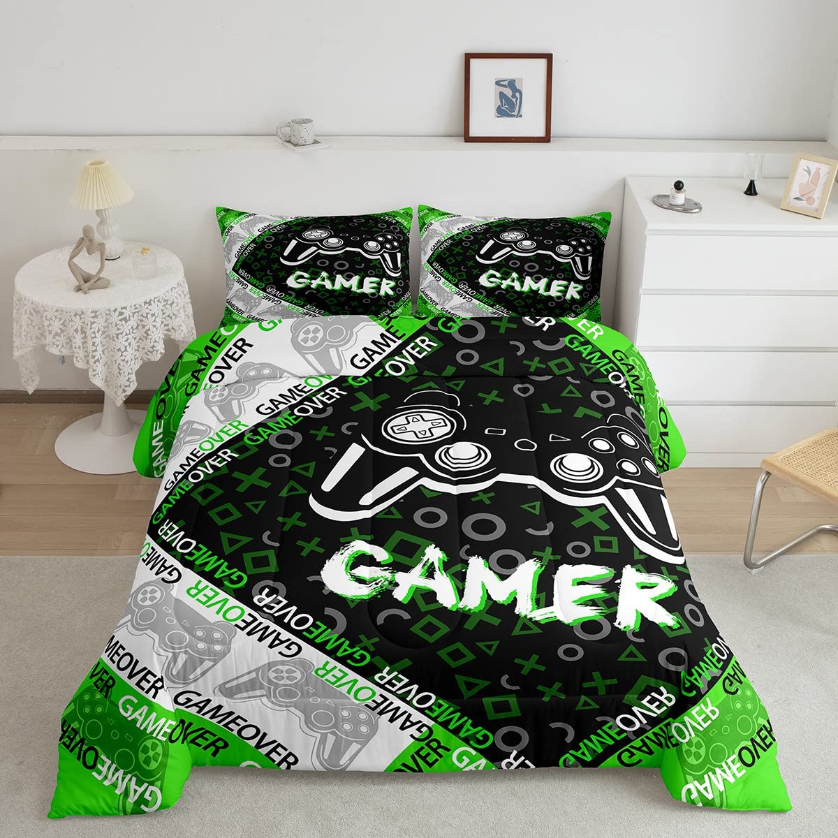 Feelyou Kids Gamer Comforter Set for Boys Teens, Green Gaming Bedding Sets Twin Size Video Game Controller Reversible Quilt Set All Season Home Decor with 1 Pillowcase