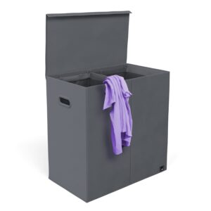 double laundry hamper with lid and removable laundry bags, dirty clothes hamper - collapsible laundry bin with 2 compartment for laundry room, bedroom, bathroom, college dorm, oxford collection, grey