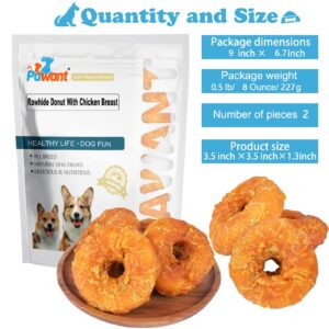 Pawant Dog Treats Long Lasting for Large Dog Clean Teeth Chicken Wrapped Rawhide Donuts 0.5lb/227g